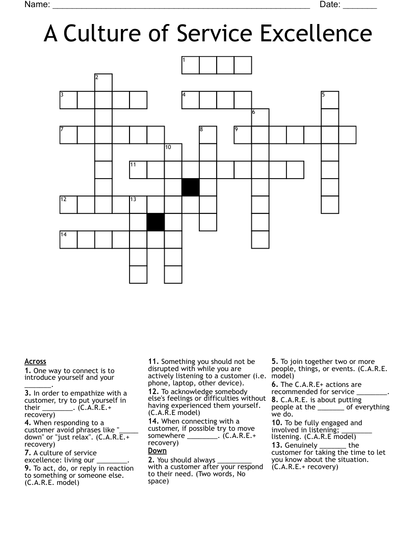 A Culture of Service Excellence Crossword - WordMint