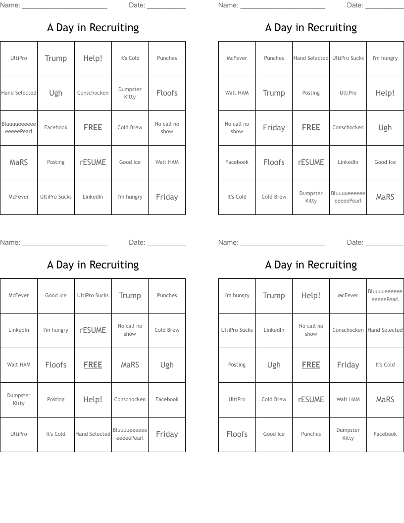 A Day in Recruiting Bingo Cards - WordMint