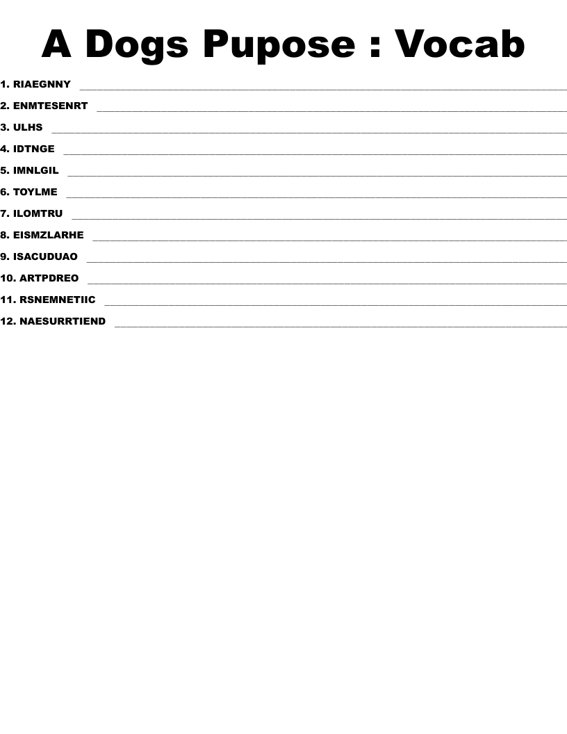 A Dogs Pupose : Vocab Word Scramble - WordMint