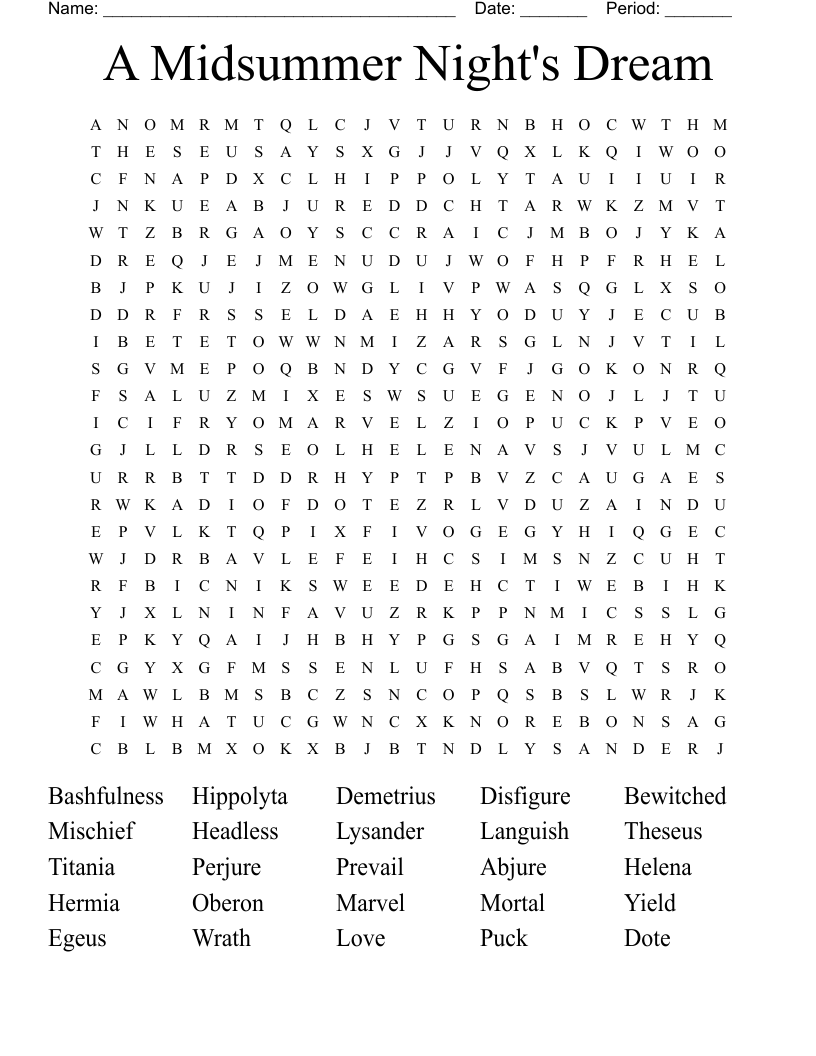 A Midsummer Night's Dream Word Search - WordMint