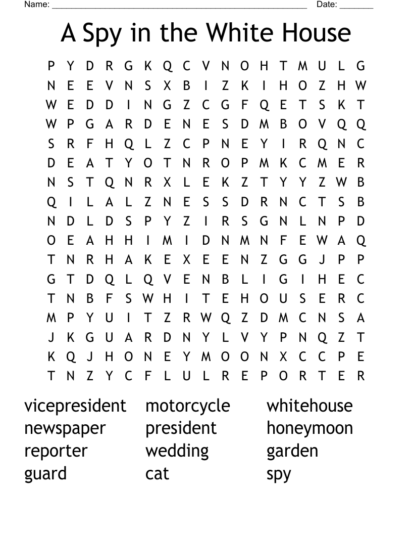 A Spy in the White House Word Search - WordMint