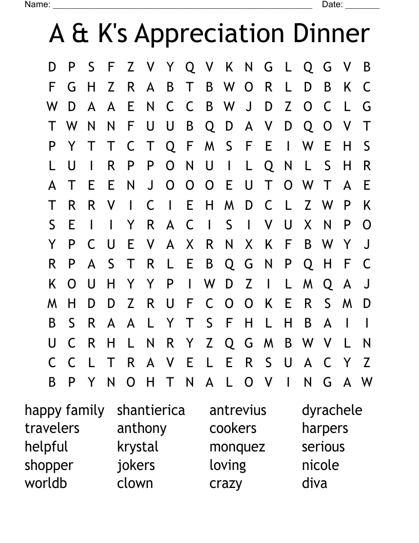 A & K's Appreciation Dinner Word Search - WordMint