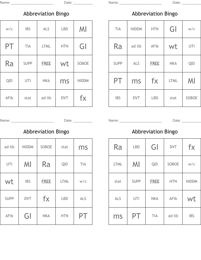 Abbreviation Bingo WordMint