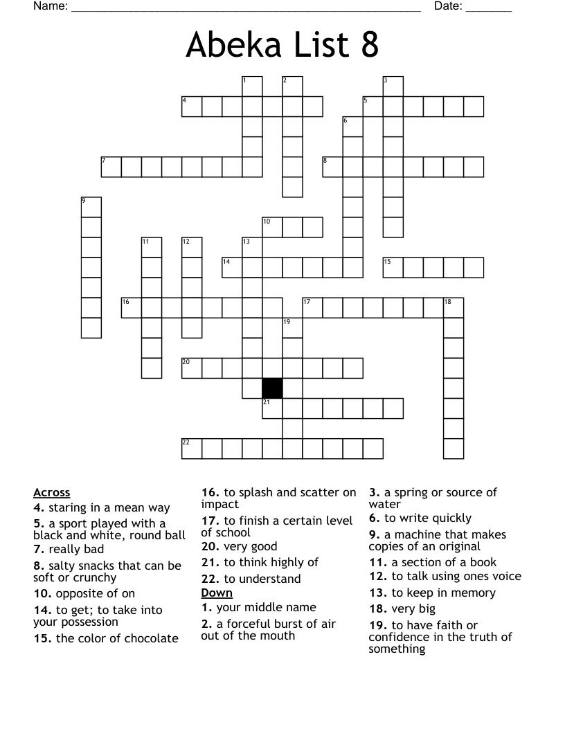 Abeka List 8 Crossword WordMint
