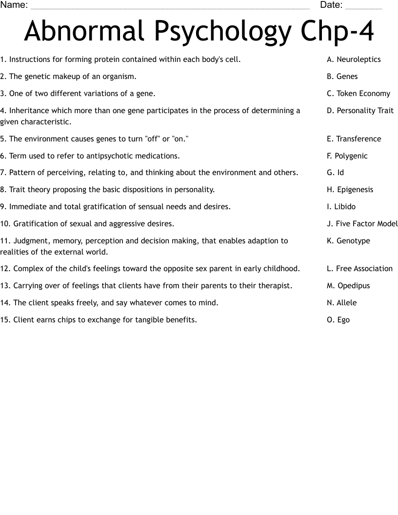 Abnormal Psychology Chp-4 Worksheet - WordMint