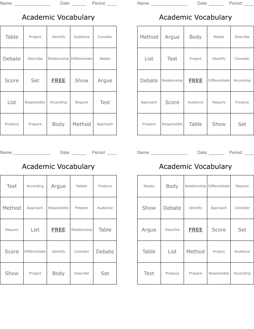 Academic Vocabulary Bingo Cards - WordMint