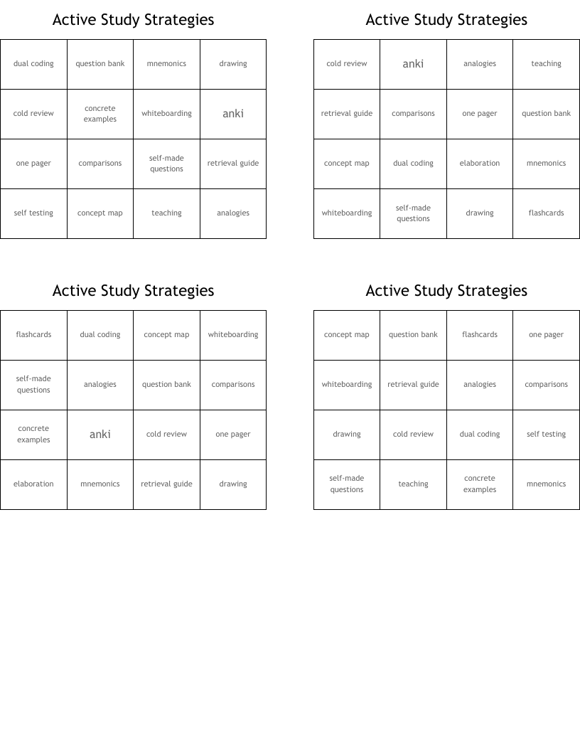 Active Study Strategies Bingo Cards - WordMint