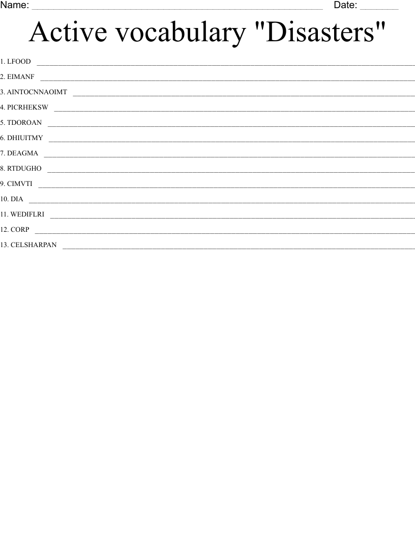 Active vocabulary "Disasters" Word Scramble - WordMint