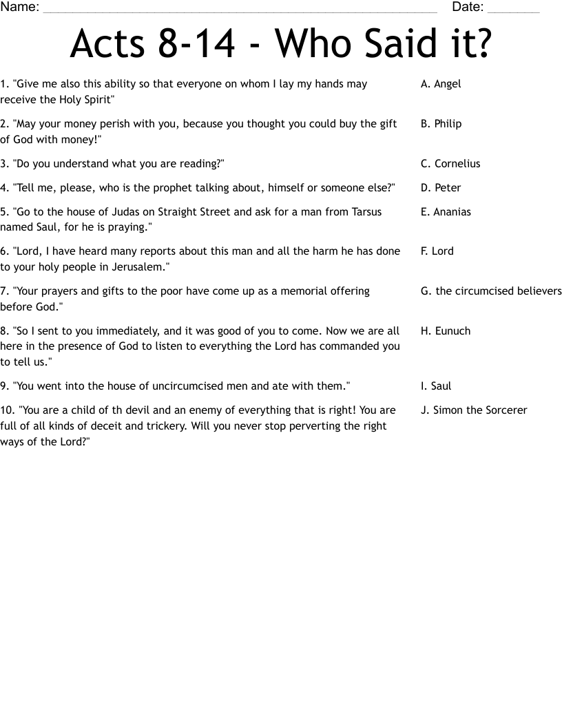 Acts 8-14 - Who Said it? Worksheet - WordMint