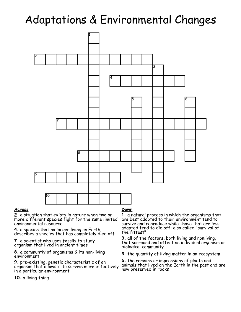 Adaptations & Environmental Changes Crossword - WordMint