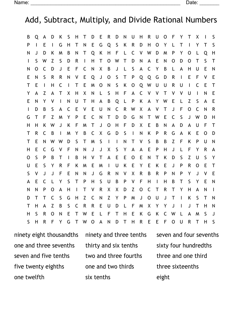 Add Subtract Multiply And Divide Rational Numbers Word Search WordMint