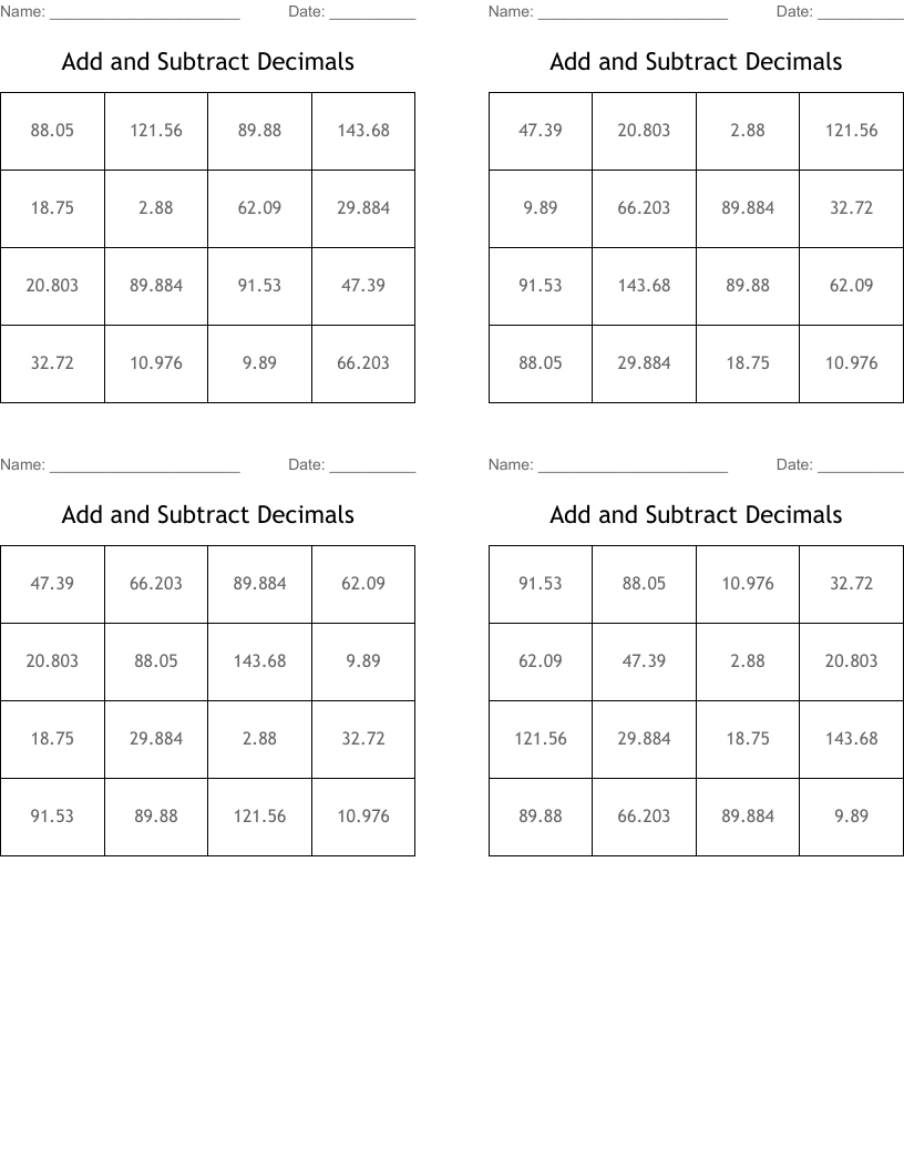 Add and Subtract Decimals Bingo Cards - WordMint