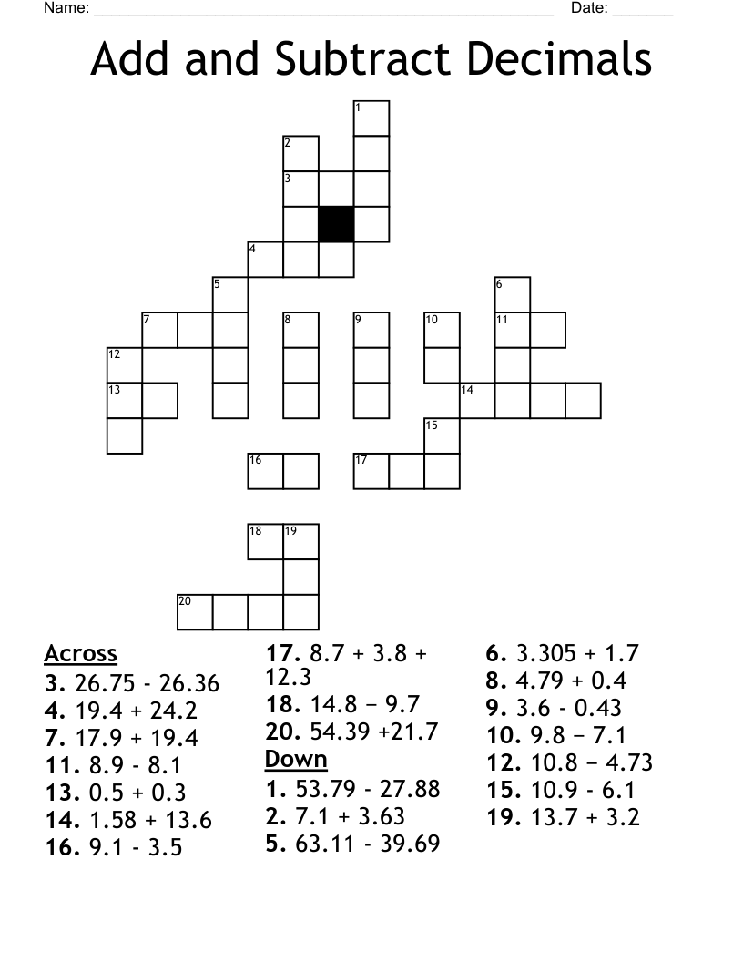 Add And Subtract Decimals Crossword WordMint