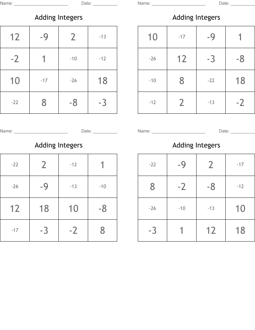 Adding Integers Bingo Cards - WordMint