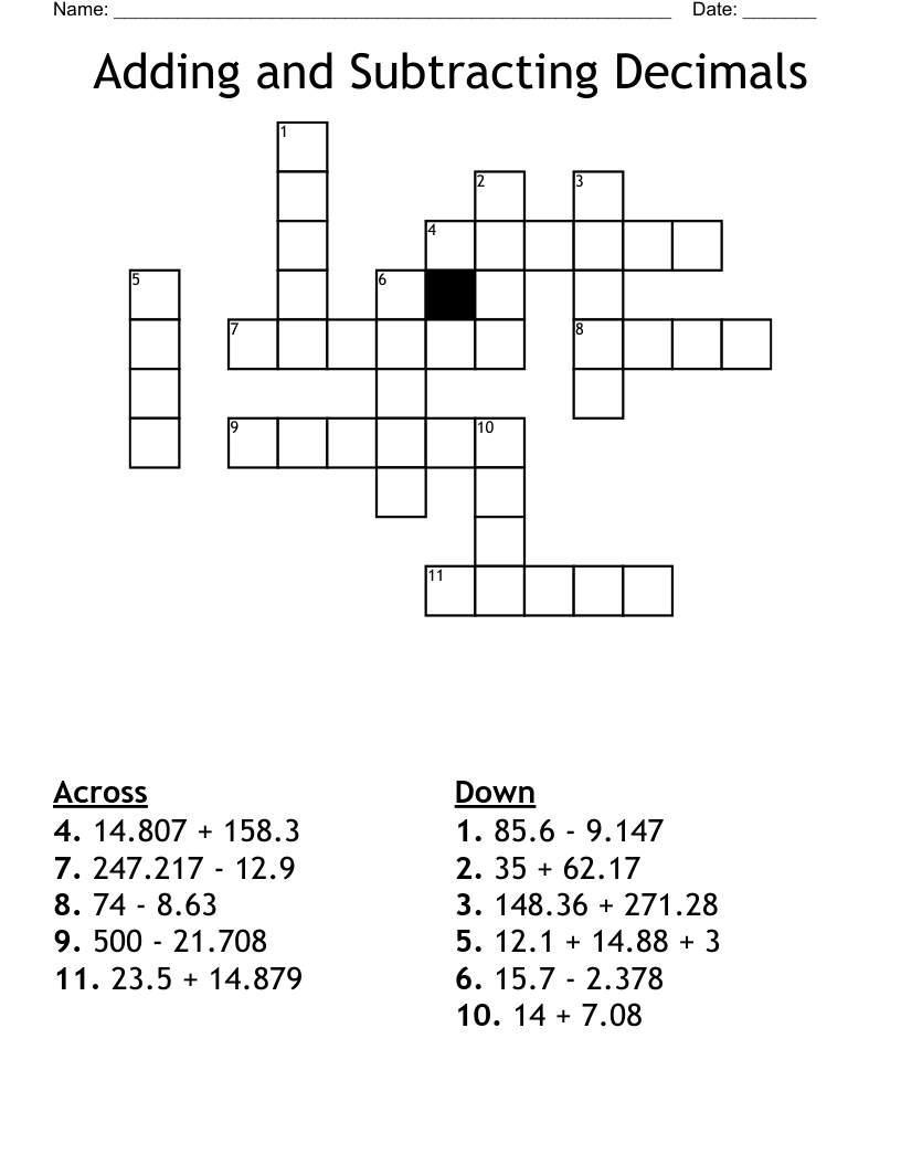 Adding and Subtracting Decimals Crossword - WordMint
