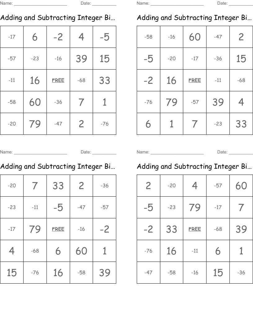 Adding And Subtracting Integer Bingo WordMint