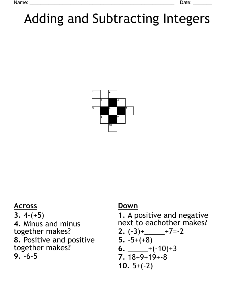 Adding And Subtracting Integers Crossword WordMint