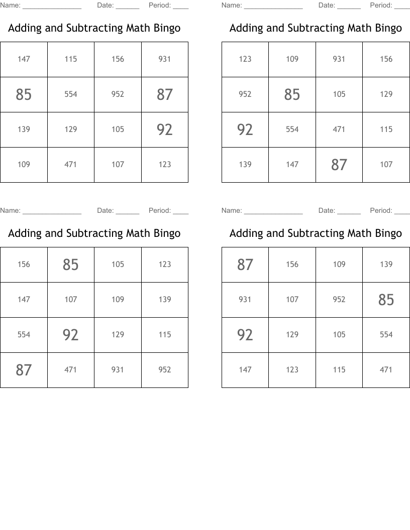 Adding and Subtracting Math Bingo - WordMint