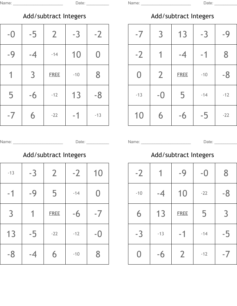 Add/subtract Integers Bingo Cards - WordMint