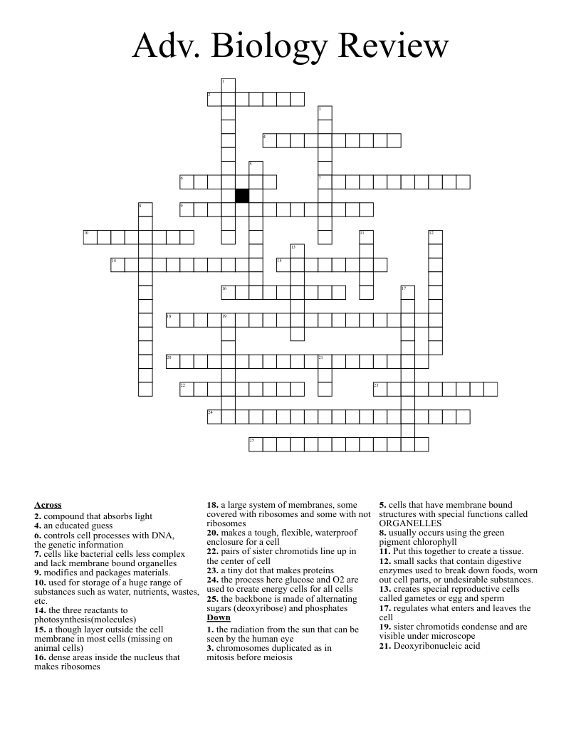 Advanced Biology Review - Cell Organelles Crossword - WordMint