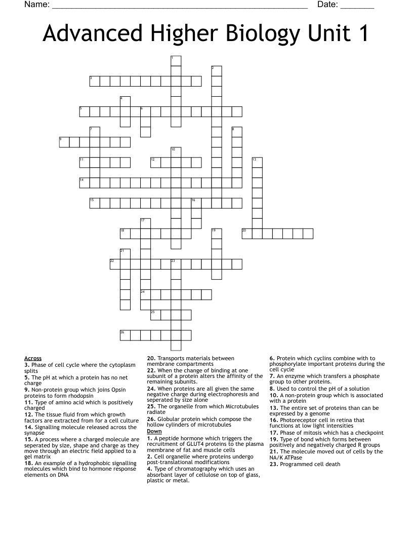 Advanced Higher Biology Unit 1 Crossword - WordMint