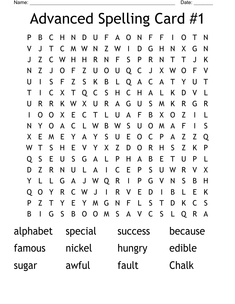 Advanced Spelling Card #1 Word Search - WordMint