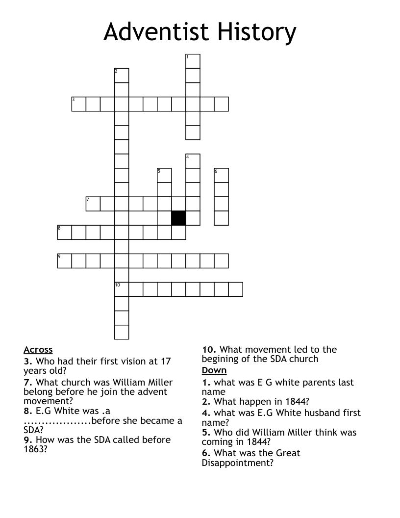 Adventist History Crossword - WordMint