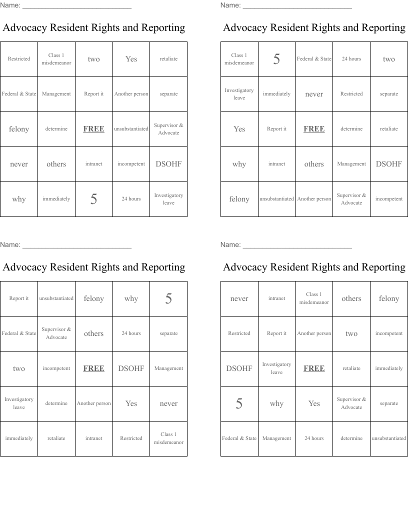 Advocacy Resident Rights and Reporting Bingo Cards - WordMint