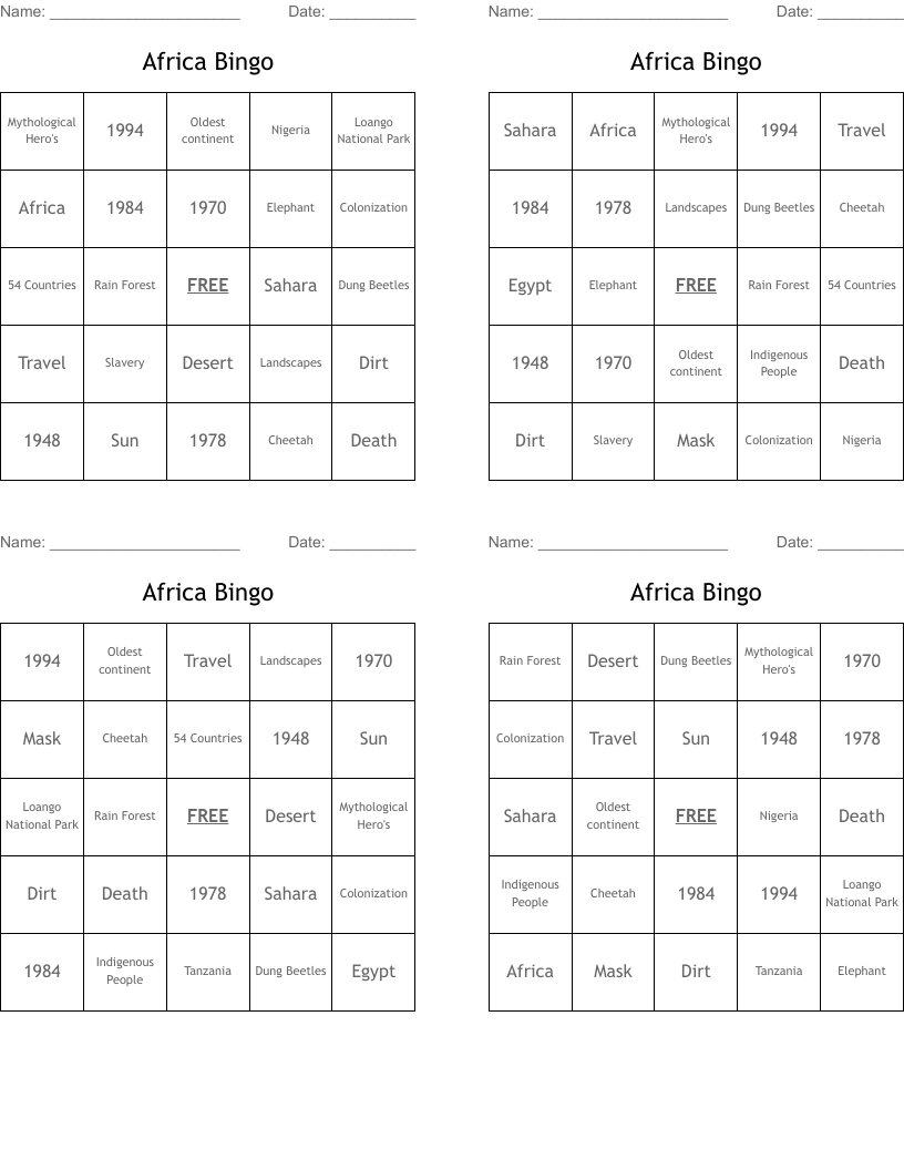 Africa Bingo - WordMint