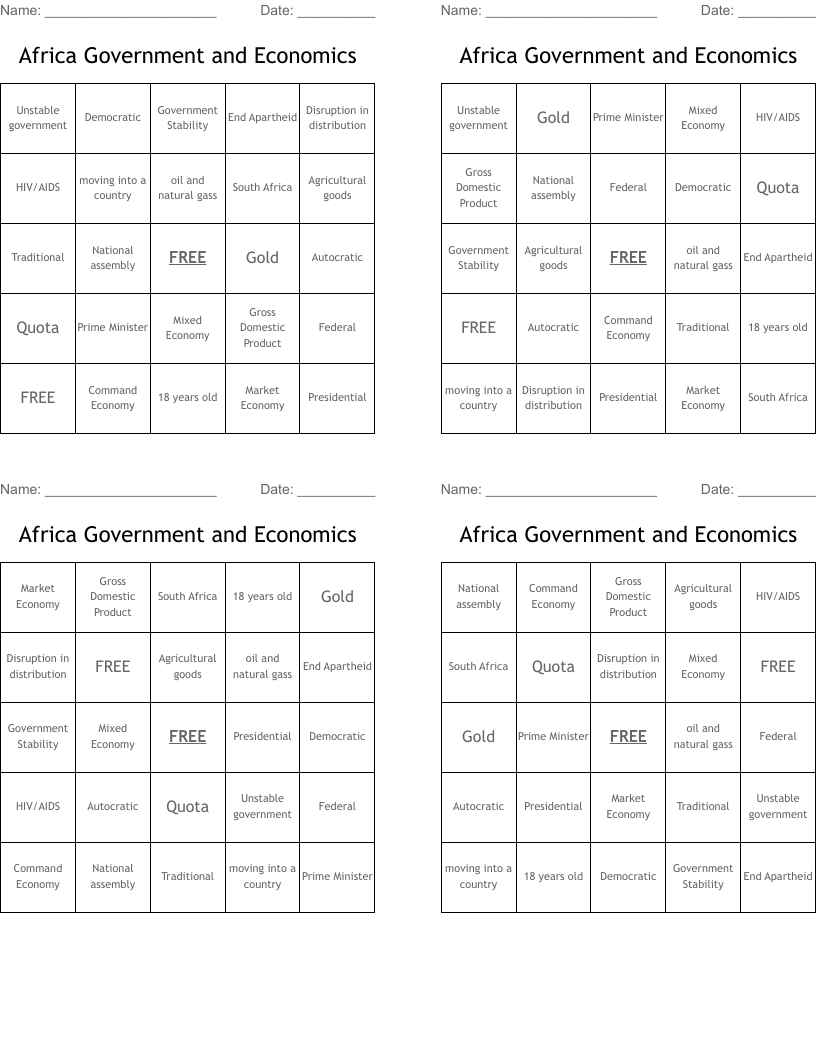Africa Government and Economics Bingo Cards - WordMint