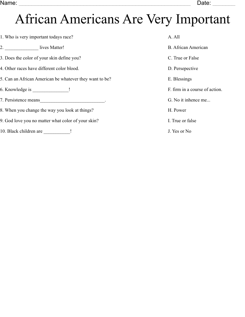 African Americans Are Very Important Worksheet - WordMint