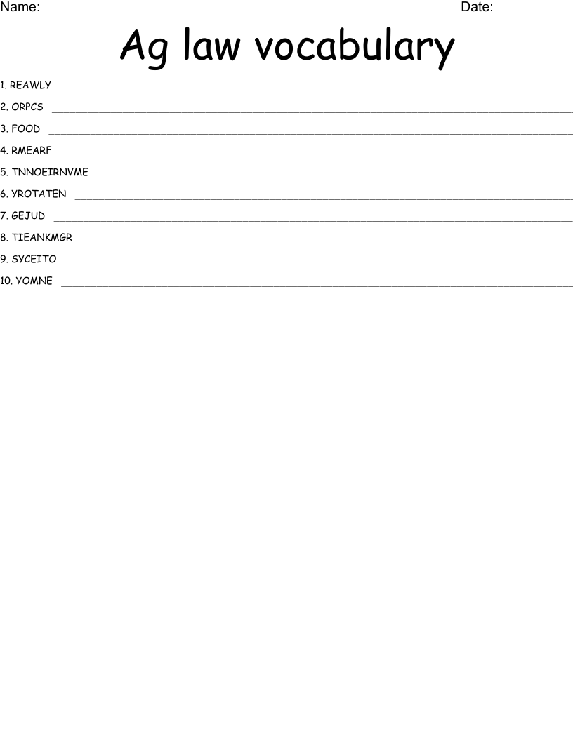 Ag law vocabulary Word Scramble - WordMint