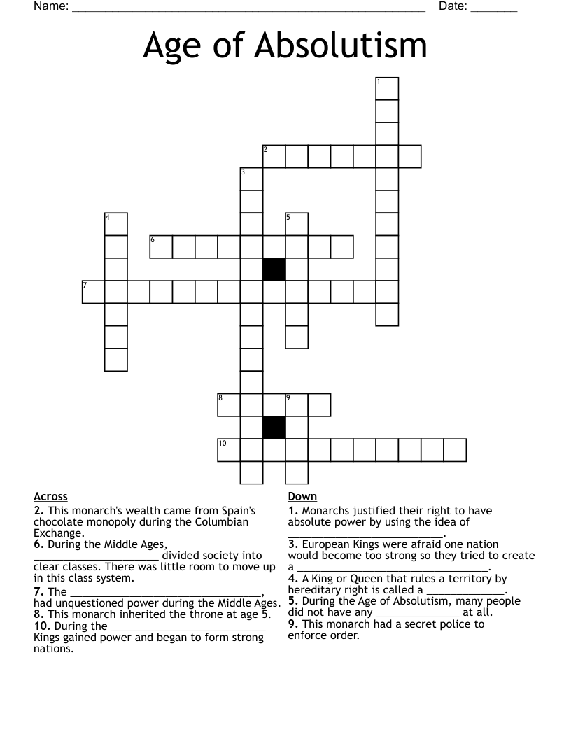 Age of Absolutism Crossword - WordMint