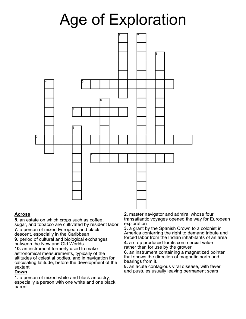 Age of Exploration Crossword - WordMint