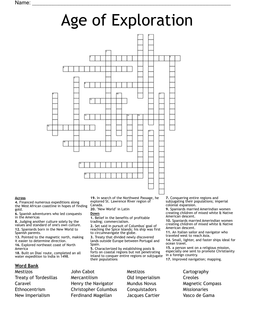 Age Of Exploration Crossword WordMint