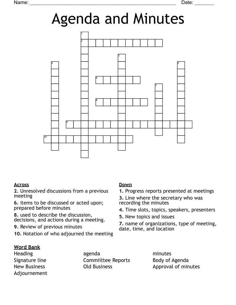 Agenda And Minutes Crossword WordMint