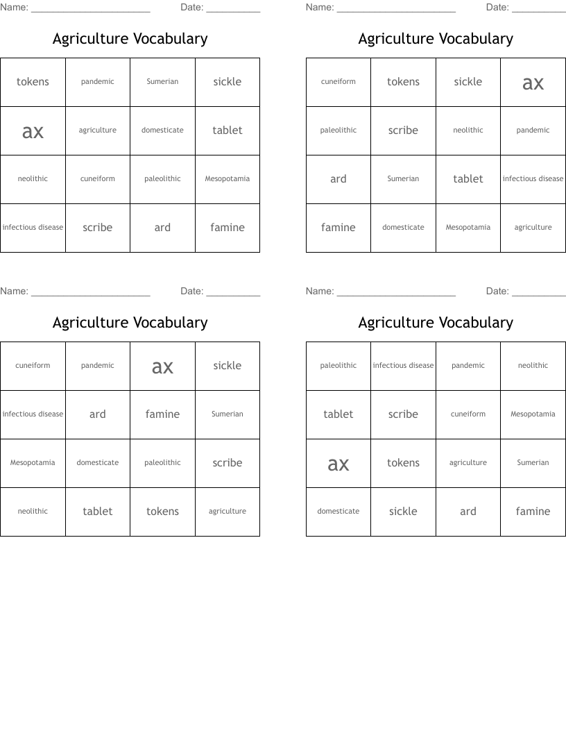 Agriculture Vocabulary Bingo Cards - WordMint