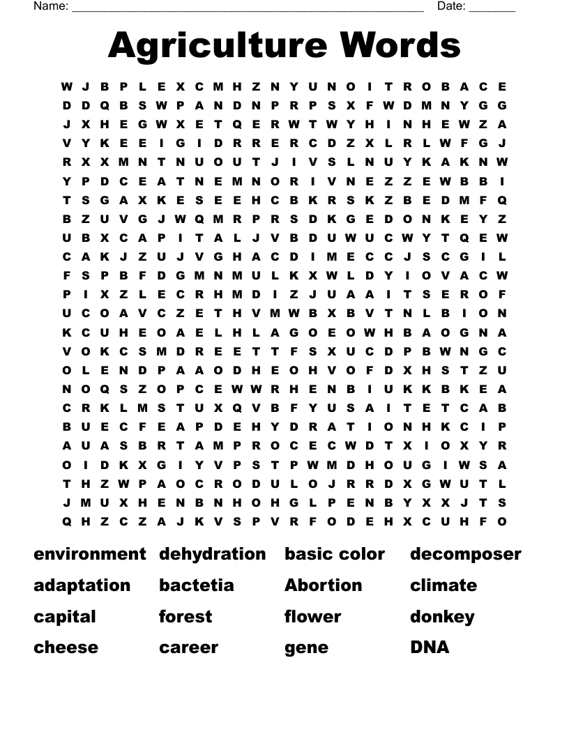 Agriculture Words Word Search - WordMint