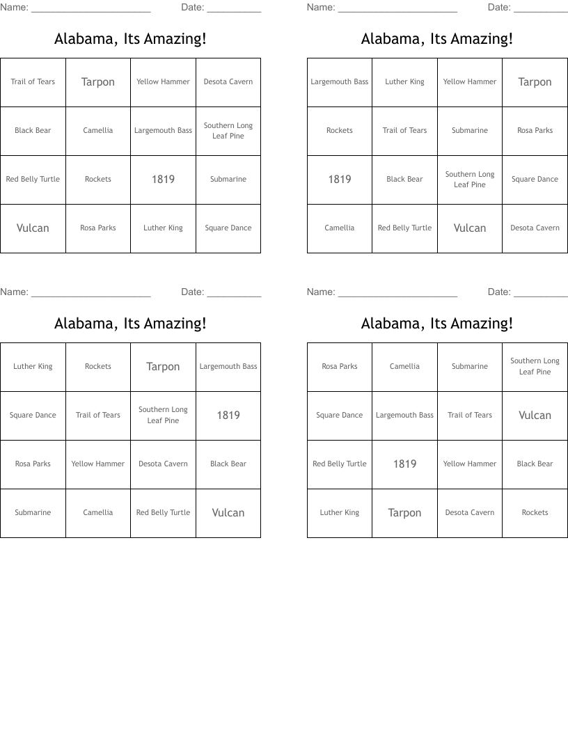 Alabama Its Amazing Bingo Cards WordMint