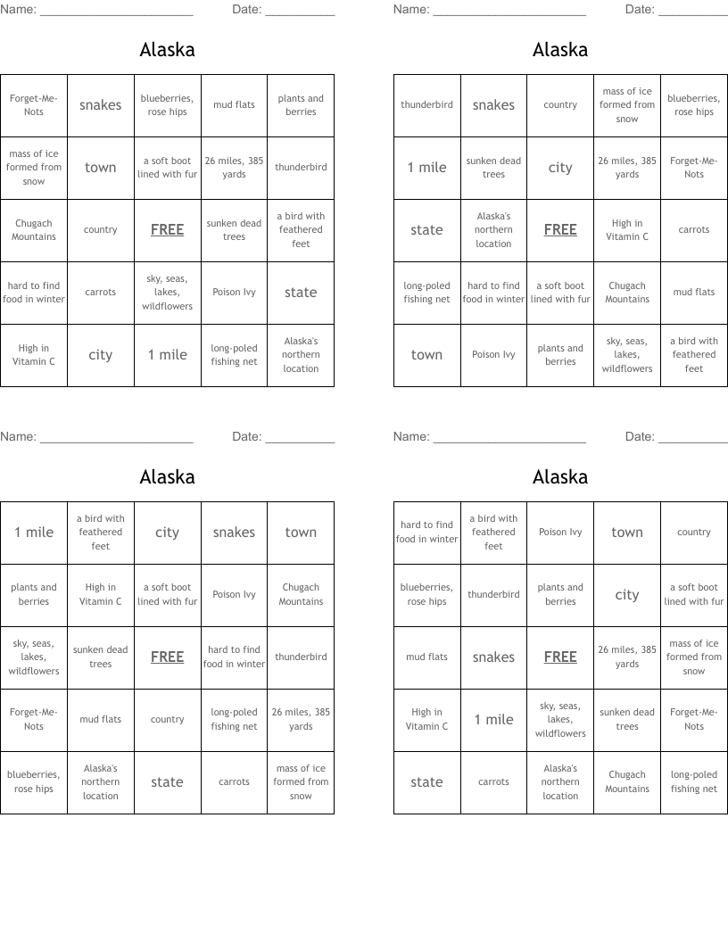 Alaska Bingo Cards - WordMint