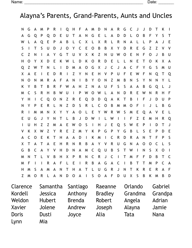 Alayna’s Parents, Grand-Parents, Aunts and Uncles Word Search - WordMint