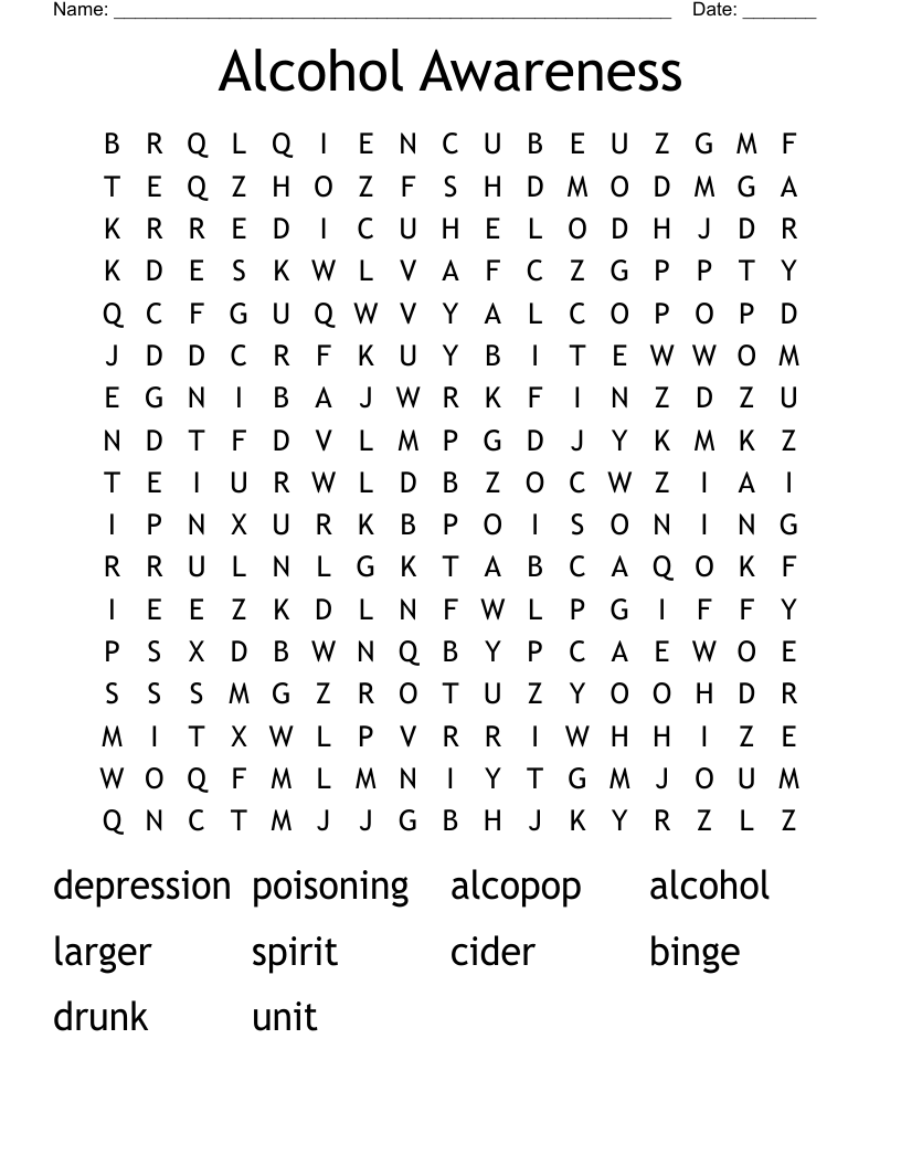 Alcohol Awareness Word Search - WordMint