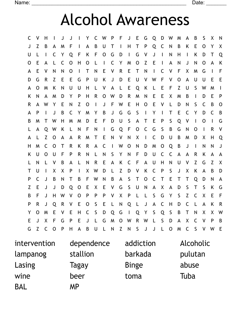 Alcohol Awareness Word Search - WordMint