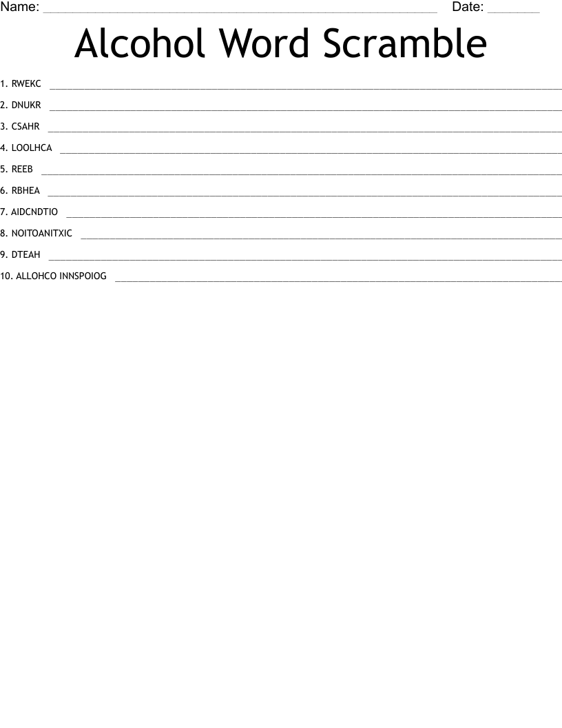 Alcohol Word Scramble - WordMint