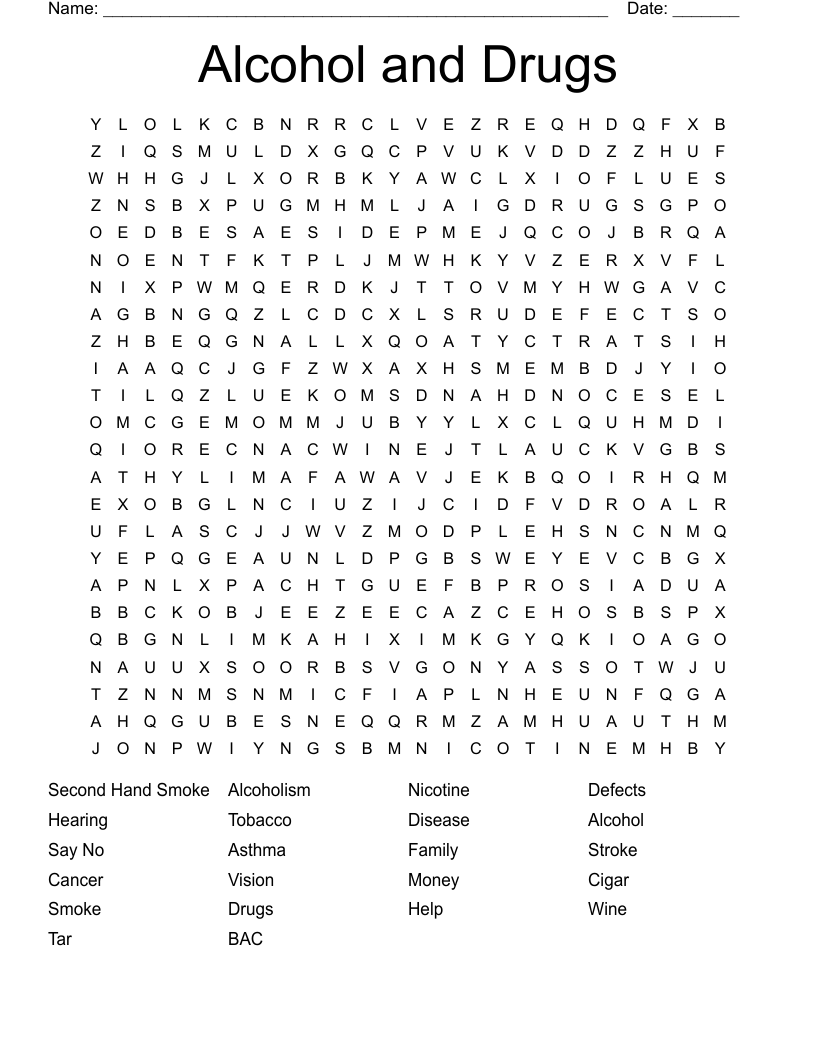 Alcohol and Drugs Word Search - WordMint