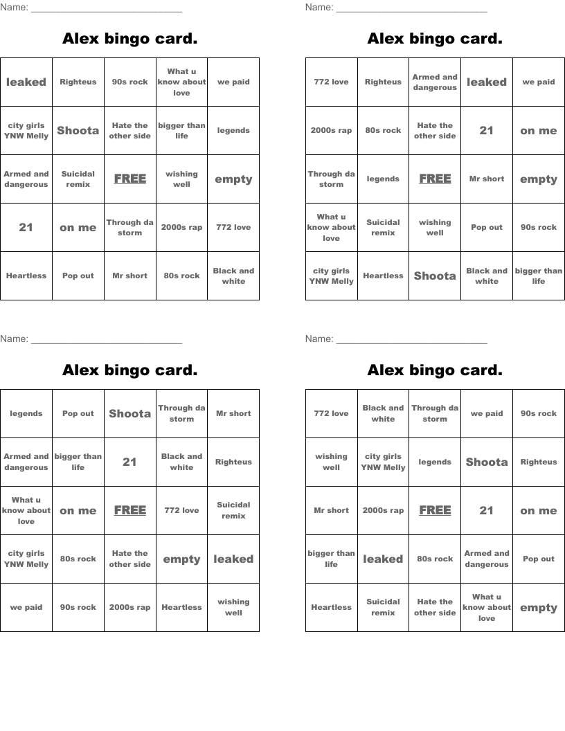Alex bingo card. - WordMint
