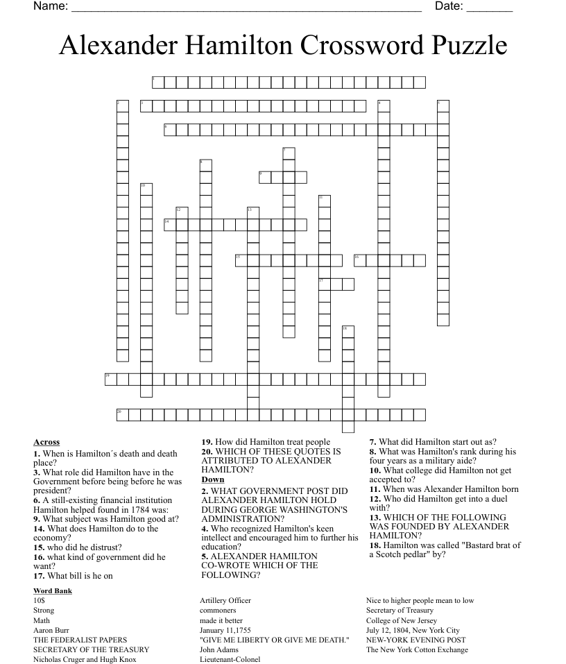 Alexander Hamilton Crossword - WordMint