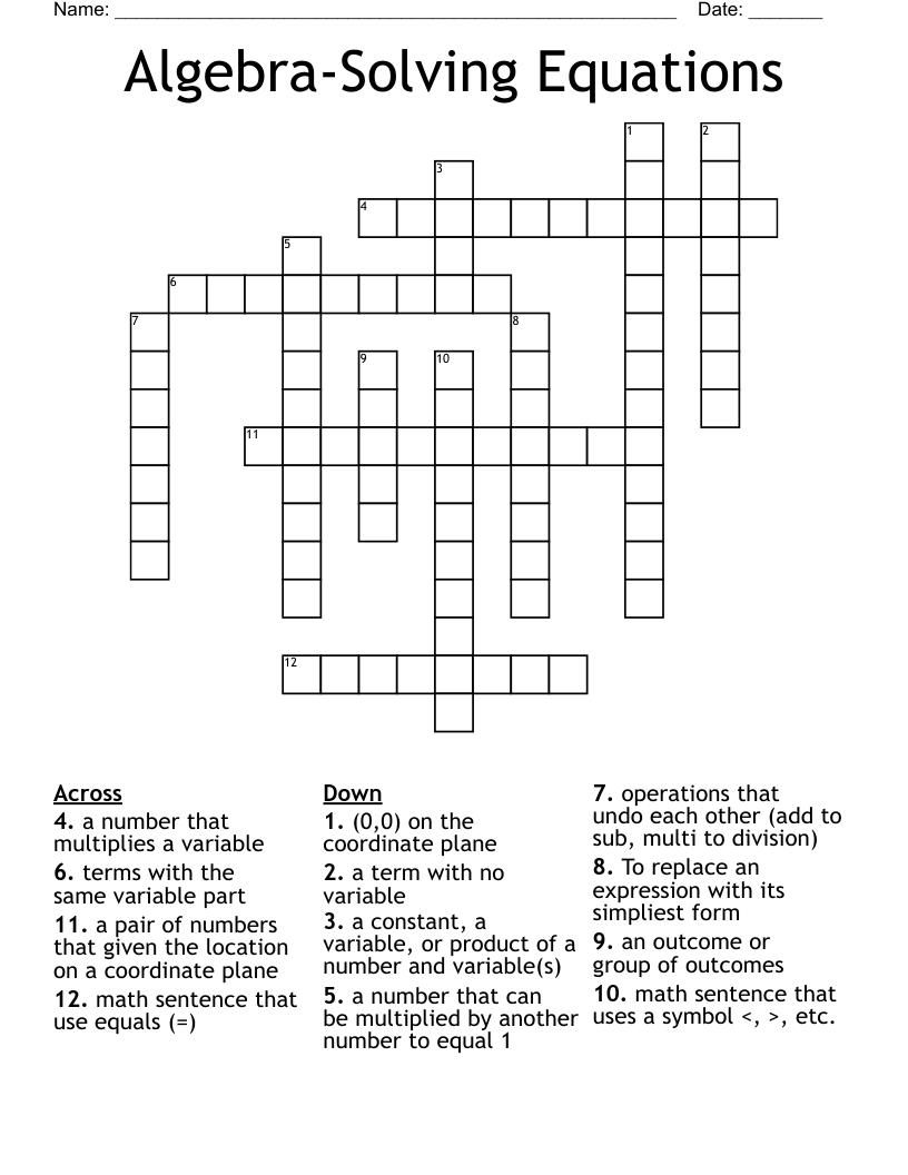 Algebra Solving Equations Crossword WordMint