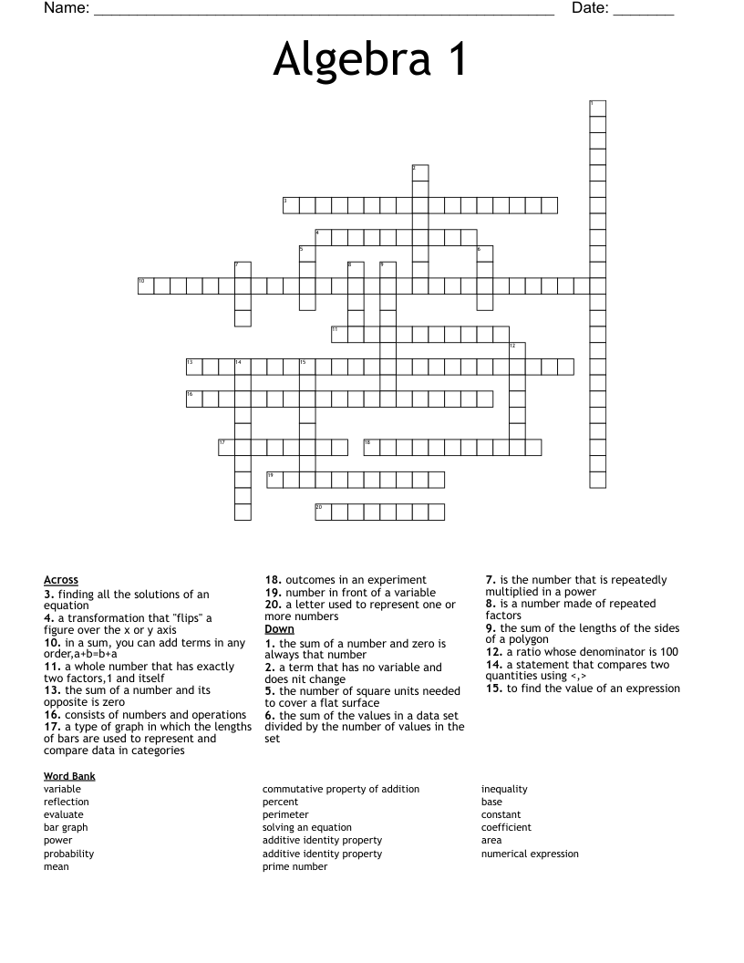 Algebra 1 Crossword - WordMint
