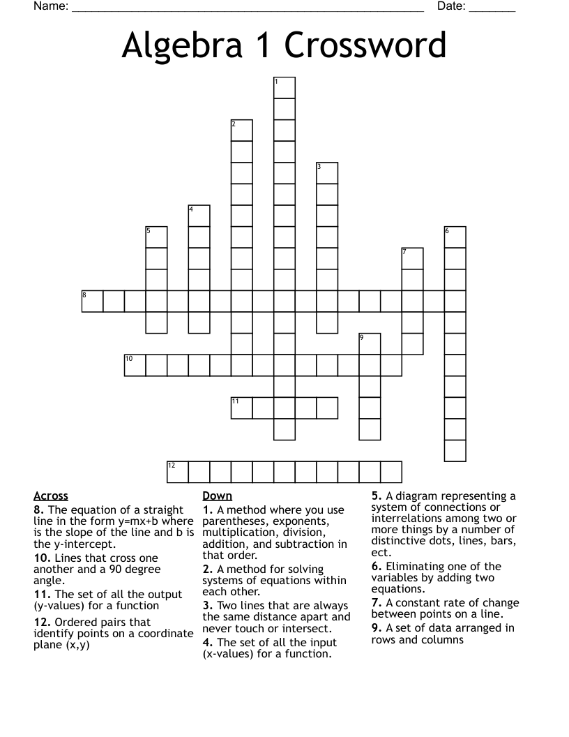 Algebra 1 Crossword - WordMint